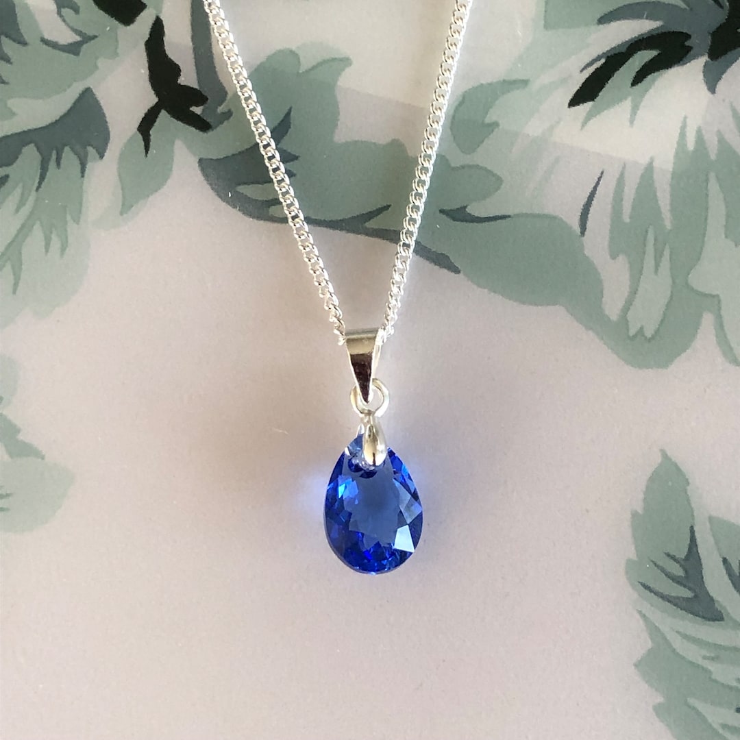 Swarovski Crystal Blue Sapphire Colour Dainty Pendant Necklace/sterling ...