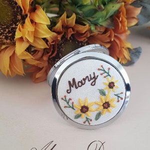Sunflower Embroidered Hand Mirrorpersonalized Floral Compact ...