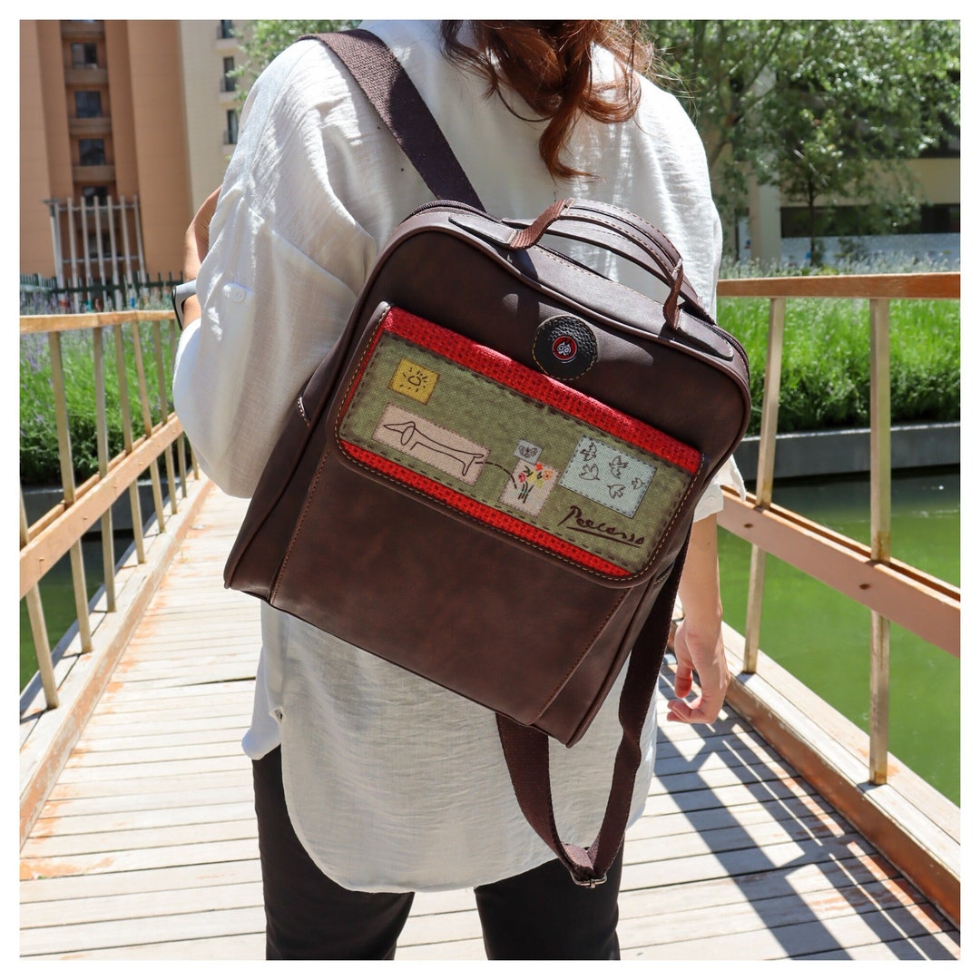 Picasso Leather Clamshell Backpack|vintage Style Multi Pockets Tote Bag ...