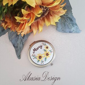 Sunflower Embroidered Hand Mirrorpersonalized Floral Compact ...