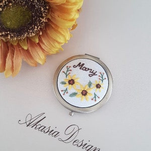 Sunflower Embroidered Hand Mirrorpersonalized Floral Compact ...