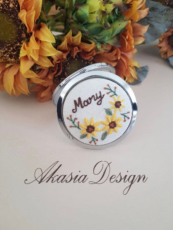 Sunflower Embroidered Hand Mirrorpersonalized Floral Compact | Etsy