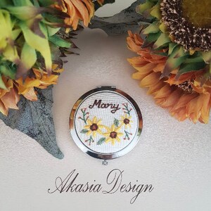 Sunflower Embroidered Hand Mirrorpersonalized Floral Compact ...