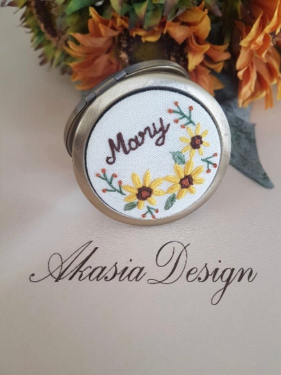 Sunflower Embroidered Hand Mirrorpersonalized Floral Compact - Etsy