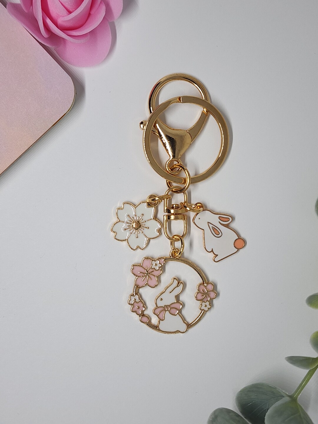 White Sakura Bunny Keychain - Etsy