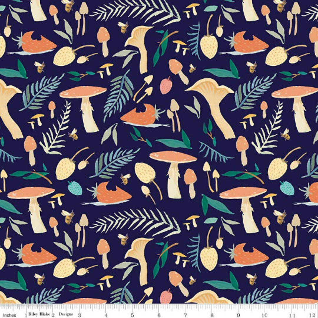 Dream World Toadstools Navy Fabric by Emily Winfield Martin for Riley ...