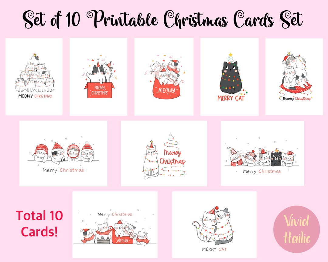 Set of 10 Cute Cat Christmas Cards Instant Download Printable - Etsy