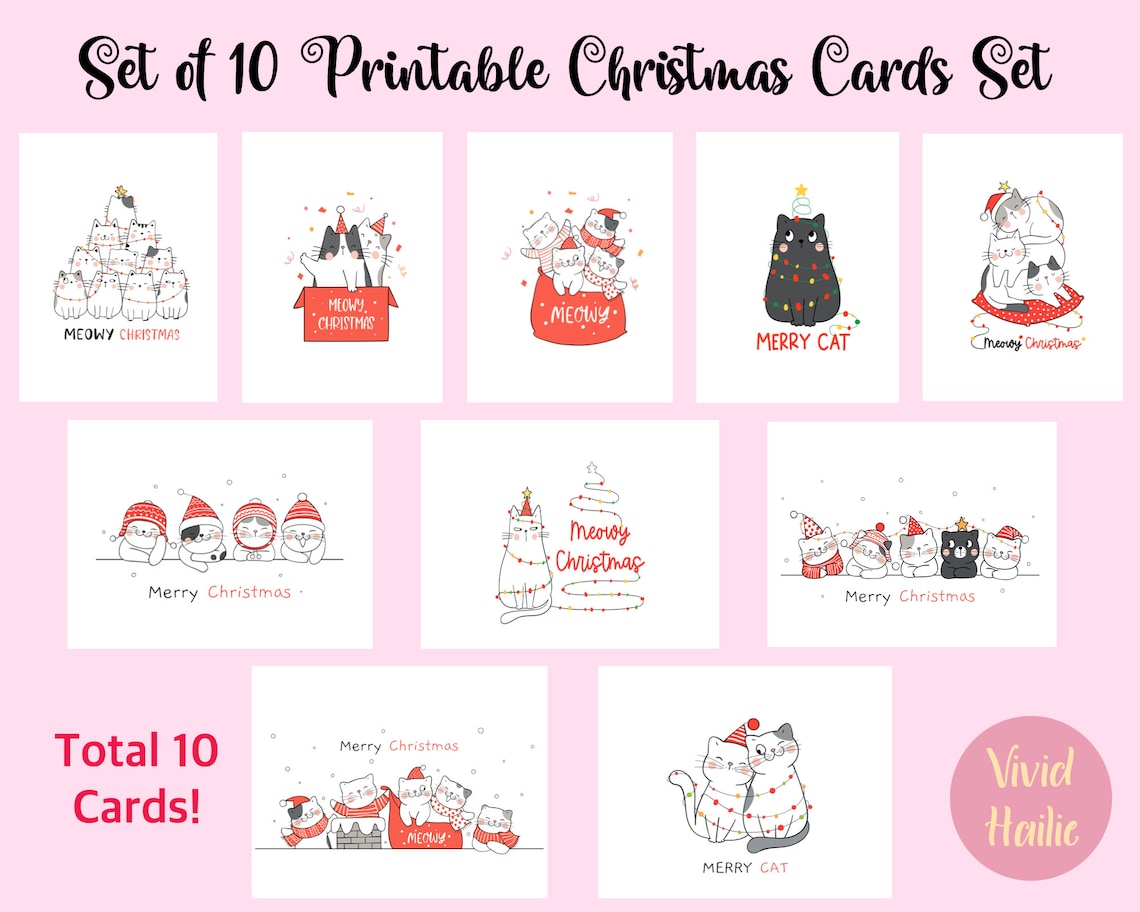 Set of 10 Cute Cat Christmas Cards Instant Download Printable - Etsy