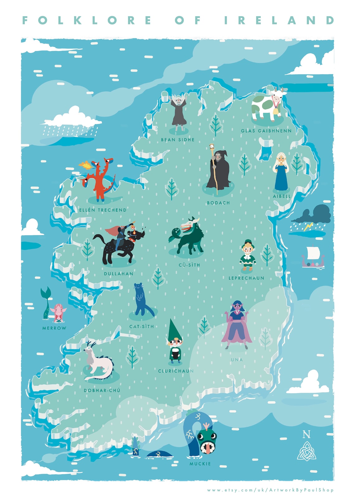Illustrated Map of the Folklore of Ireland A3 Wall Art Print - Etsy