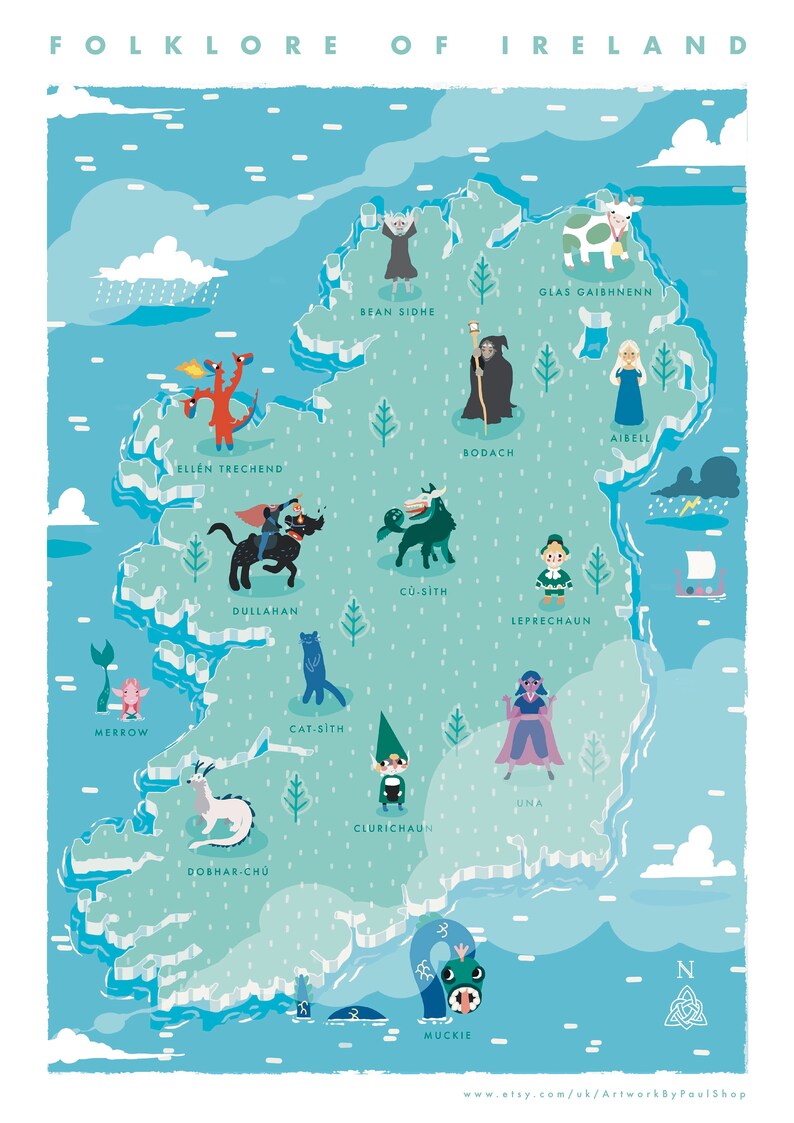 Illustrated Map of the Folklore of Ireland - A3 Wall Art Print - Etsy