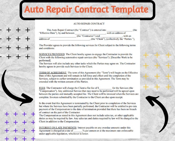 Auto Repair Contract Auto Repair Forms Vehicle Repair - Etsy