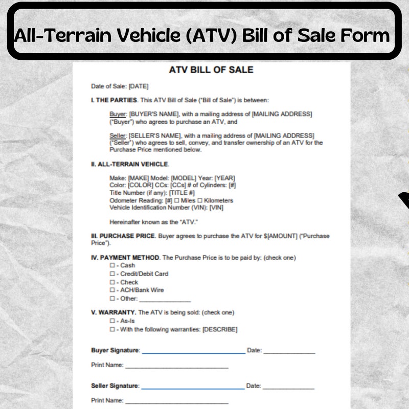 Atv Bill of Sale - Etsy