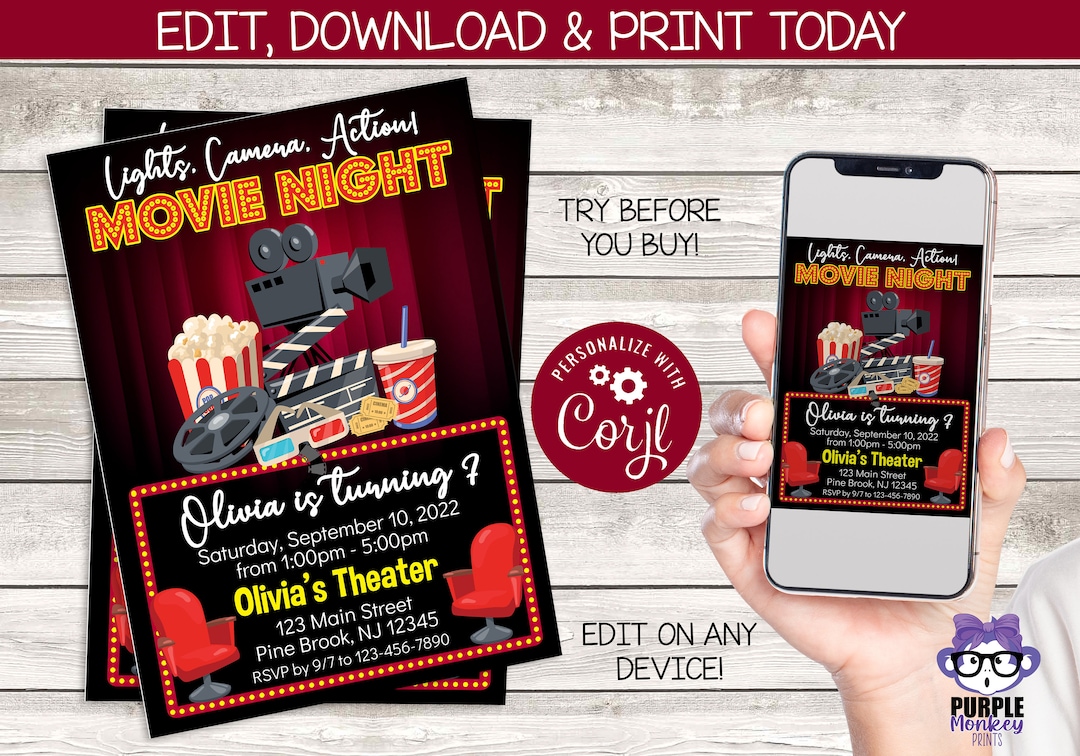 Movie Night| | Digital Invitation | Instant Download | Editable | You ...