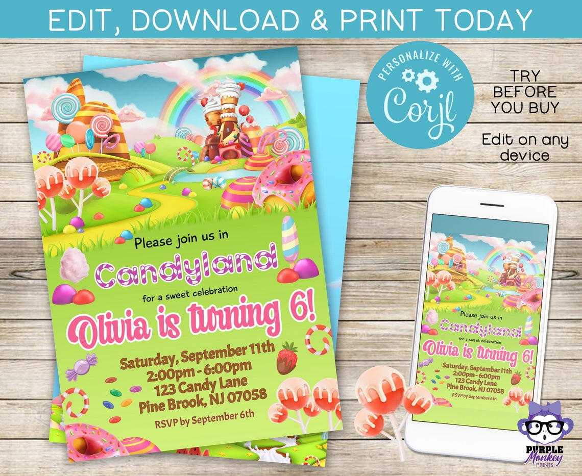 Candyland Digital Birthday Invitation Candy Land Instant - Etsy