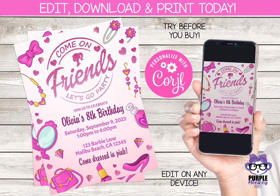 Pink Doll | Pink Party | Doll Party | Birthday Party Digital Invitation ...