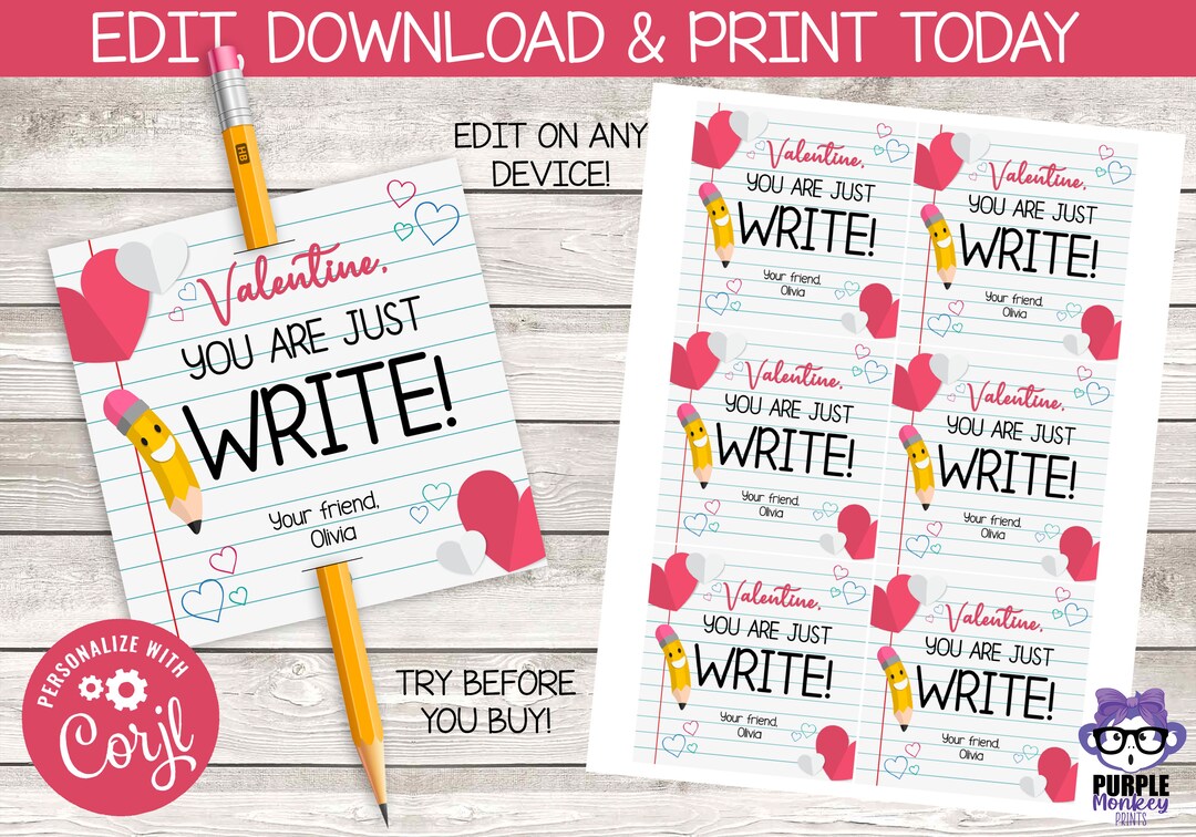 Valentine, You Are Just Write | Pencil Valentine Tag | Instant Download ...