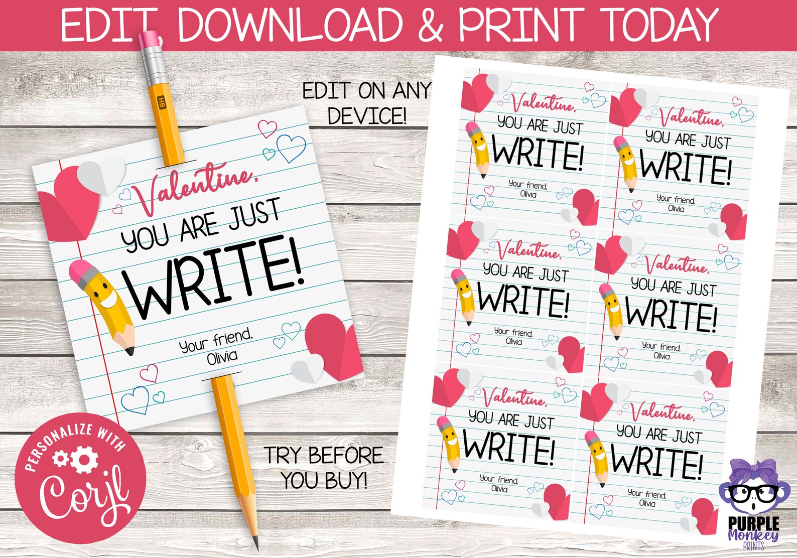 Valentine, You Are Just Write | Pencil Valentine Tag | Instant Download ...