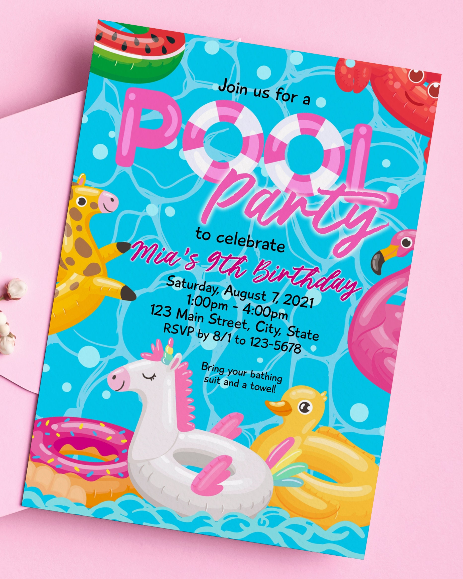 Pink Pool Party Birthday Digital Invitation Instant Download - Etsy UK
