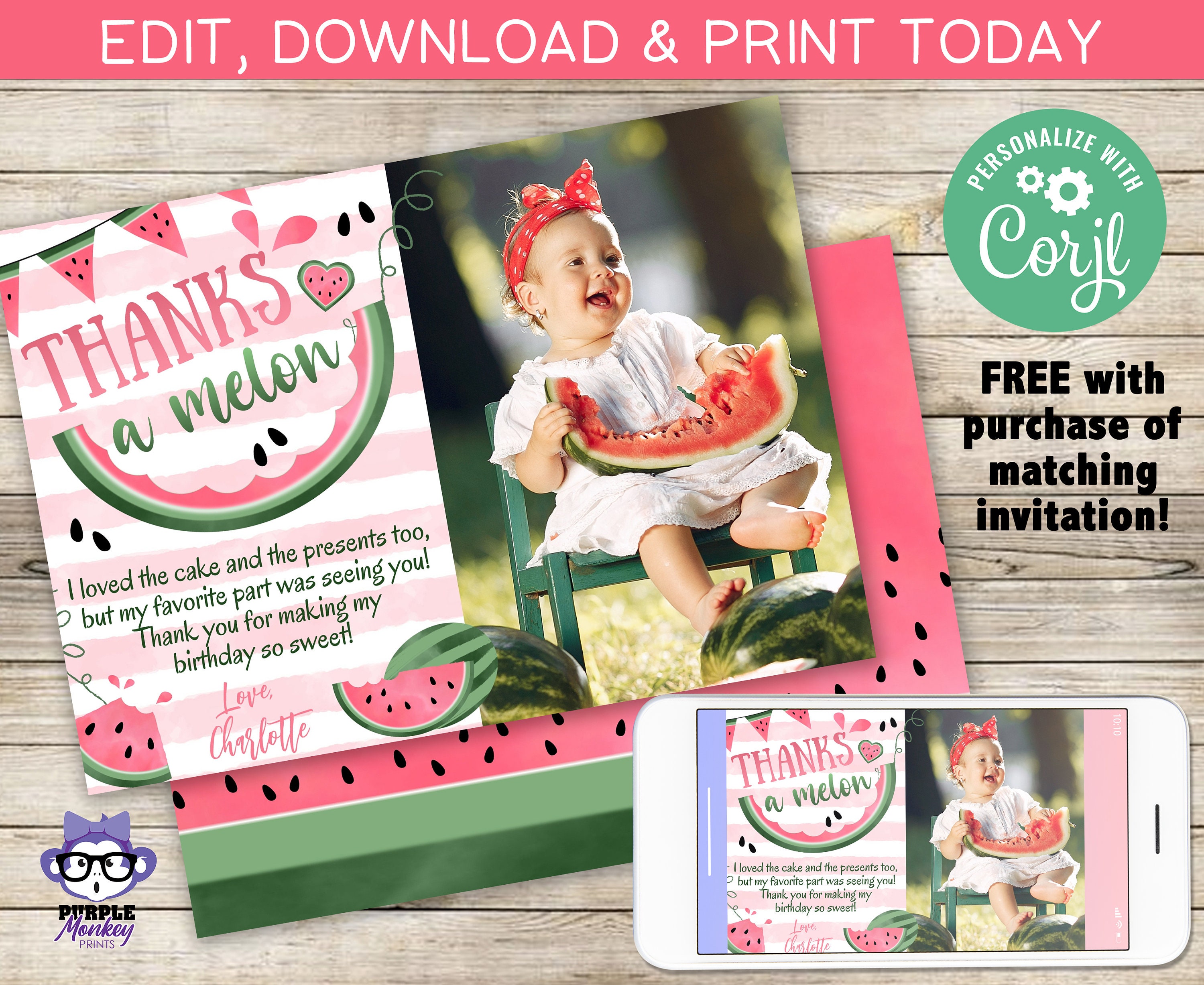 Watermelon Thank You Photo Card | Instant Download | Editable | You ...