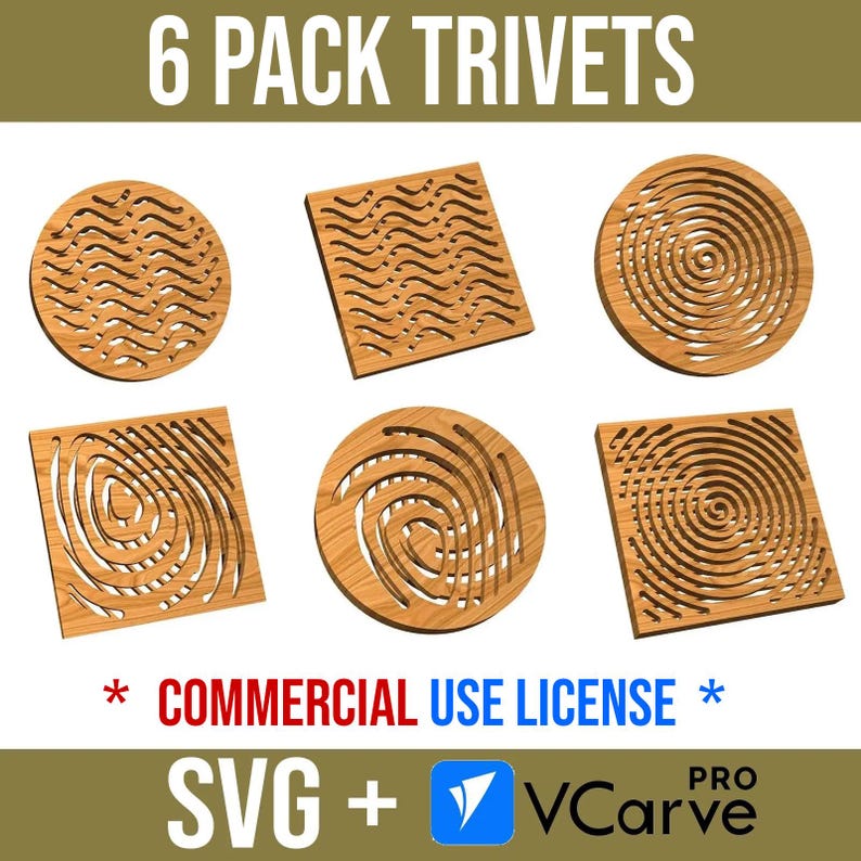 CNC Trivet Cut File: 6 Wood Coaster Designs, Commercial Use (SVG ...