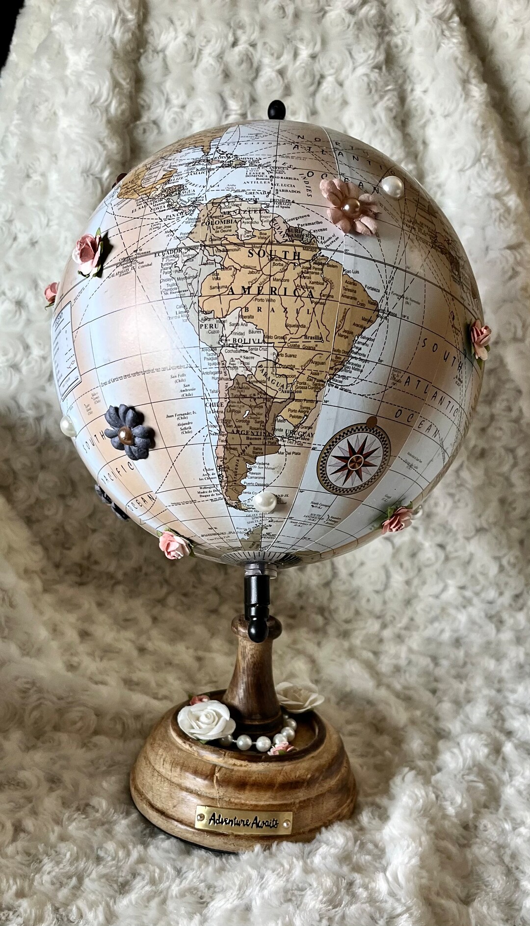 Upcycled World Map Globe With Handmade Paper Flowers With Rhinestone ...