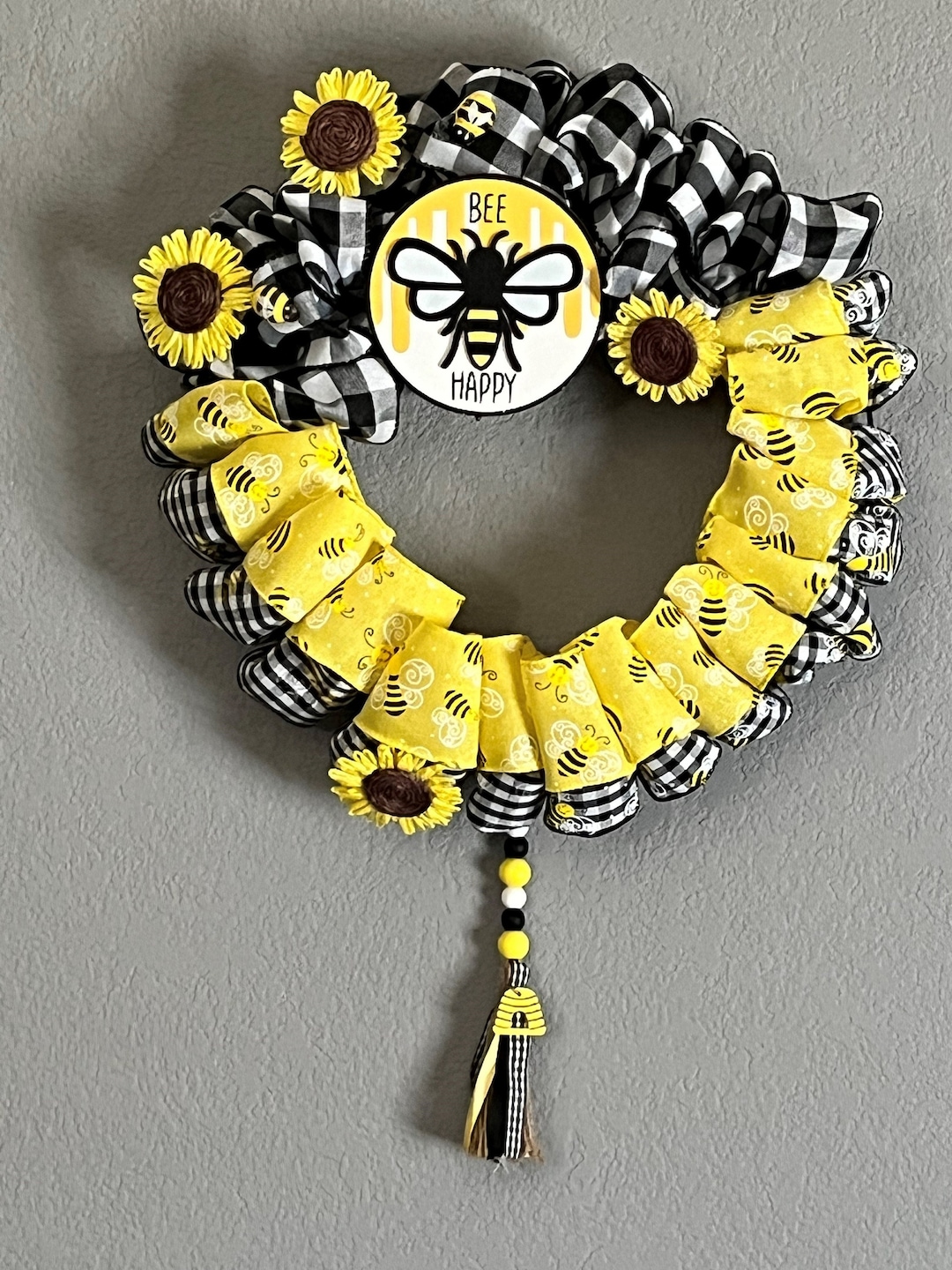 Bee Happy Black and White Buffalo Plain and Bumble Bee Ribbon Wreath - Etsy