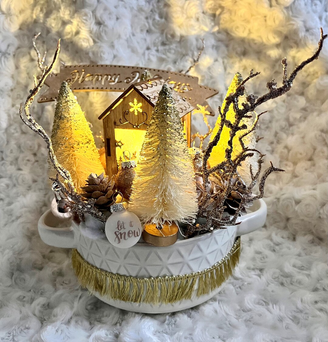Rustic Gold and White Centerpiece With a Light up House and Sign That ...