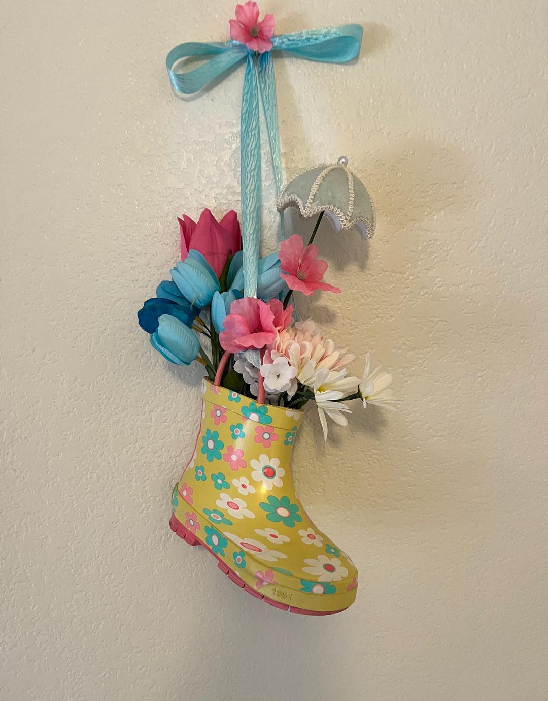 Adorable Spring Rain Boot Wall Hanging With Artificial Flowers and an ...