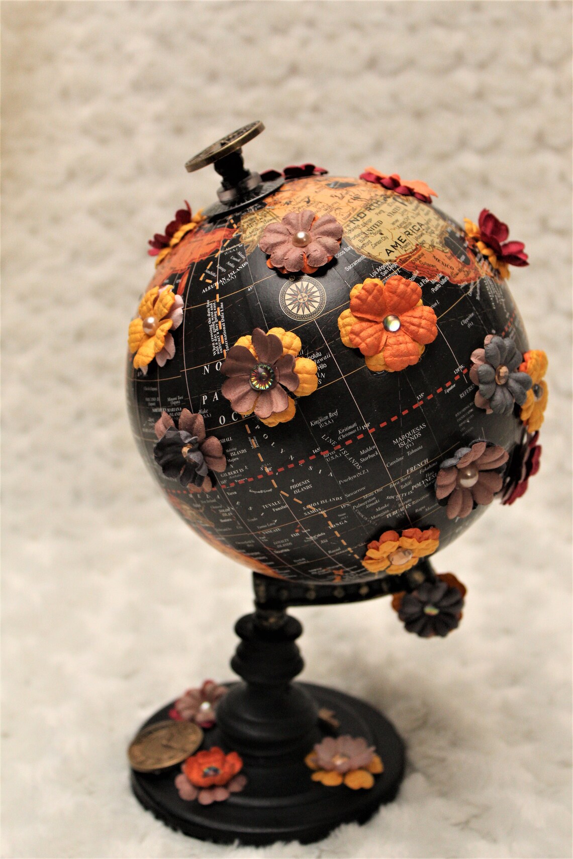 Upcycled World Map Globe With Handmade Paper Flowers With - Etsy