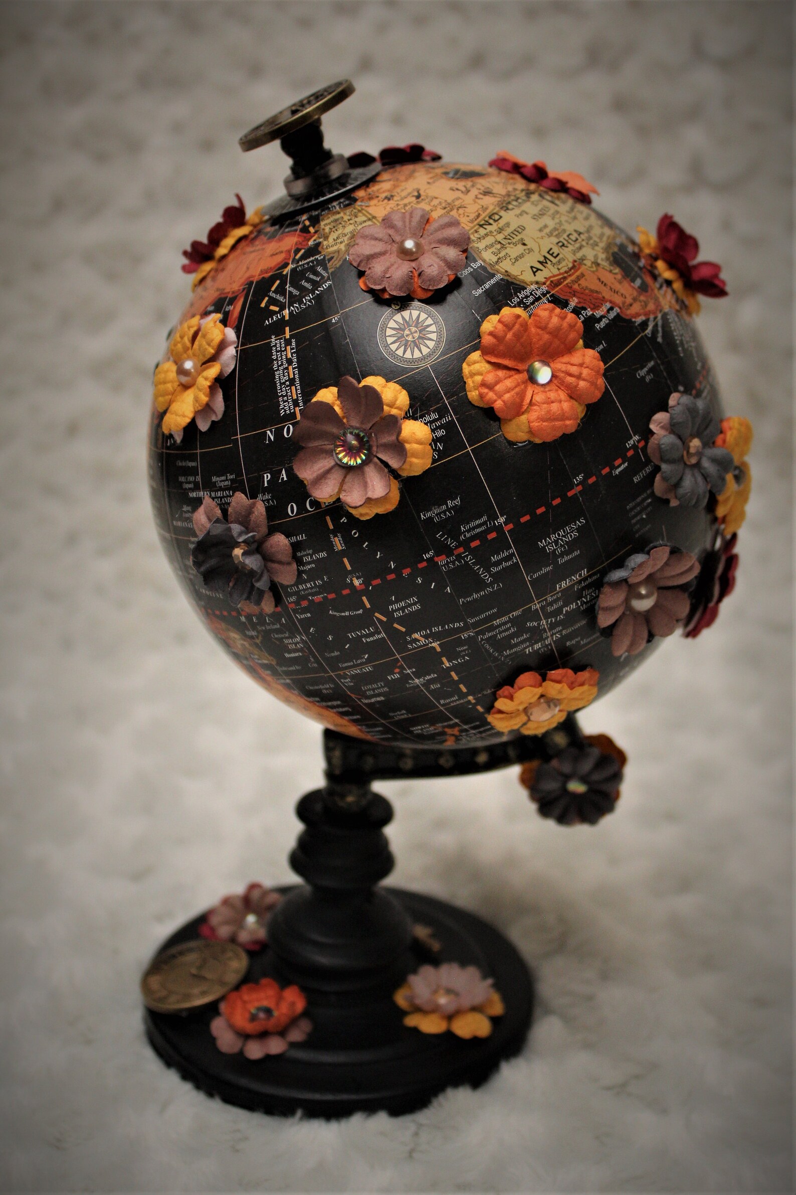 Upcycled World Map Globe With Handmade Paper Flowers With | Etsy