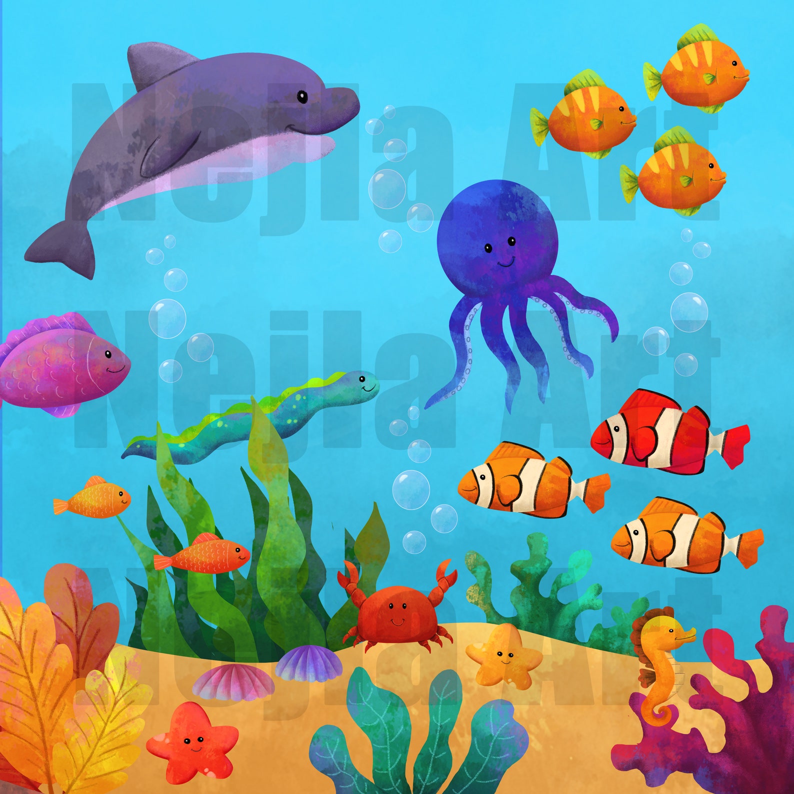 Watercolor Sea Animals Clipart Watercolor Clipart Animal - Etsy