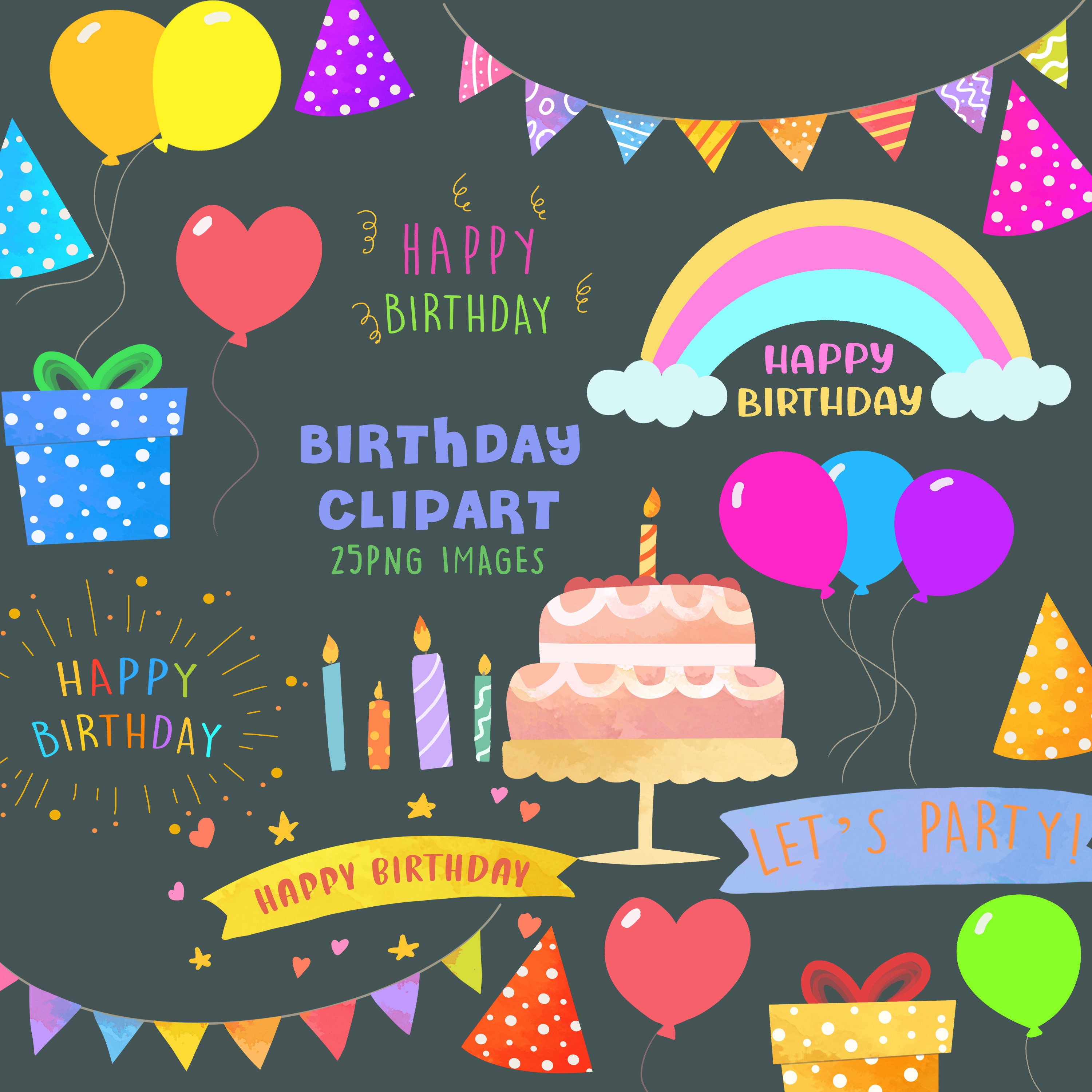 Birthday Clipart, Happy Birthday Clipart, Party Invite, Digital ...