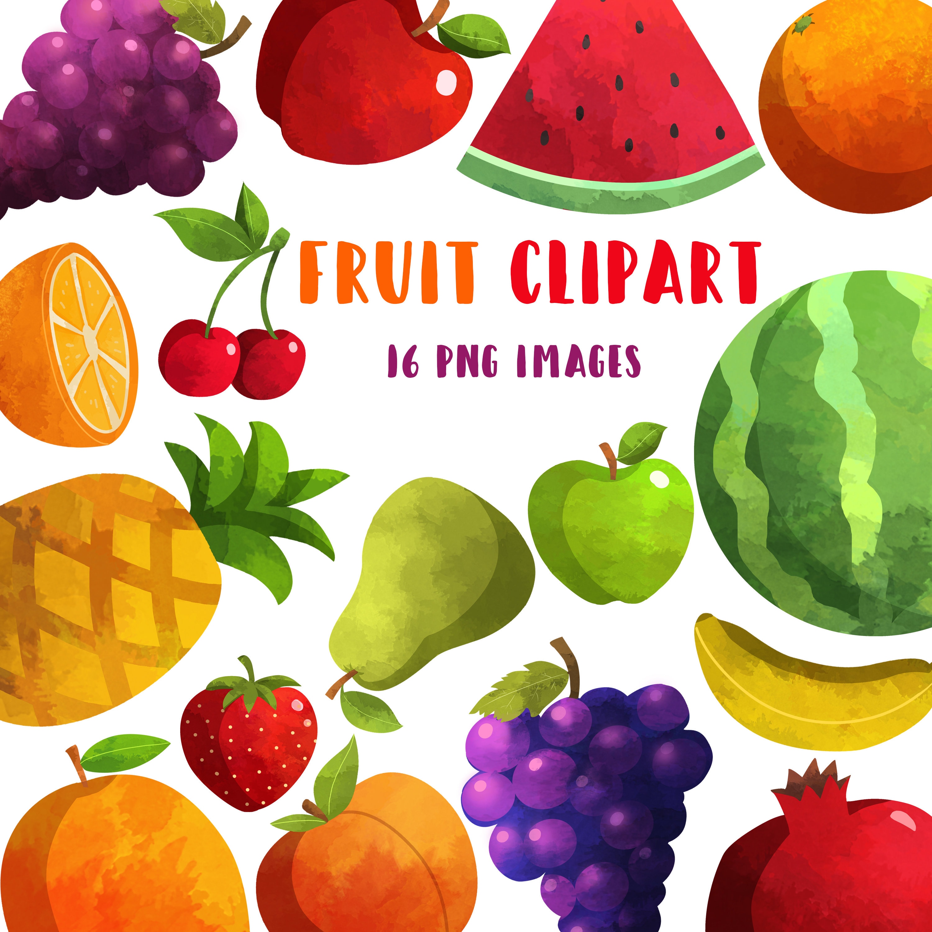 Aquarell Obst Clipart, Obst png , Obst Clipart, Orange, Kirsche, Melone ...