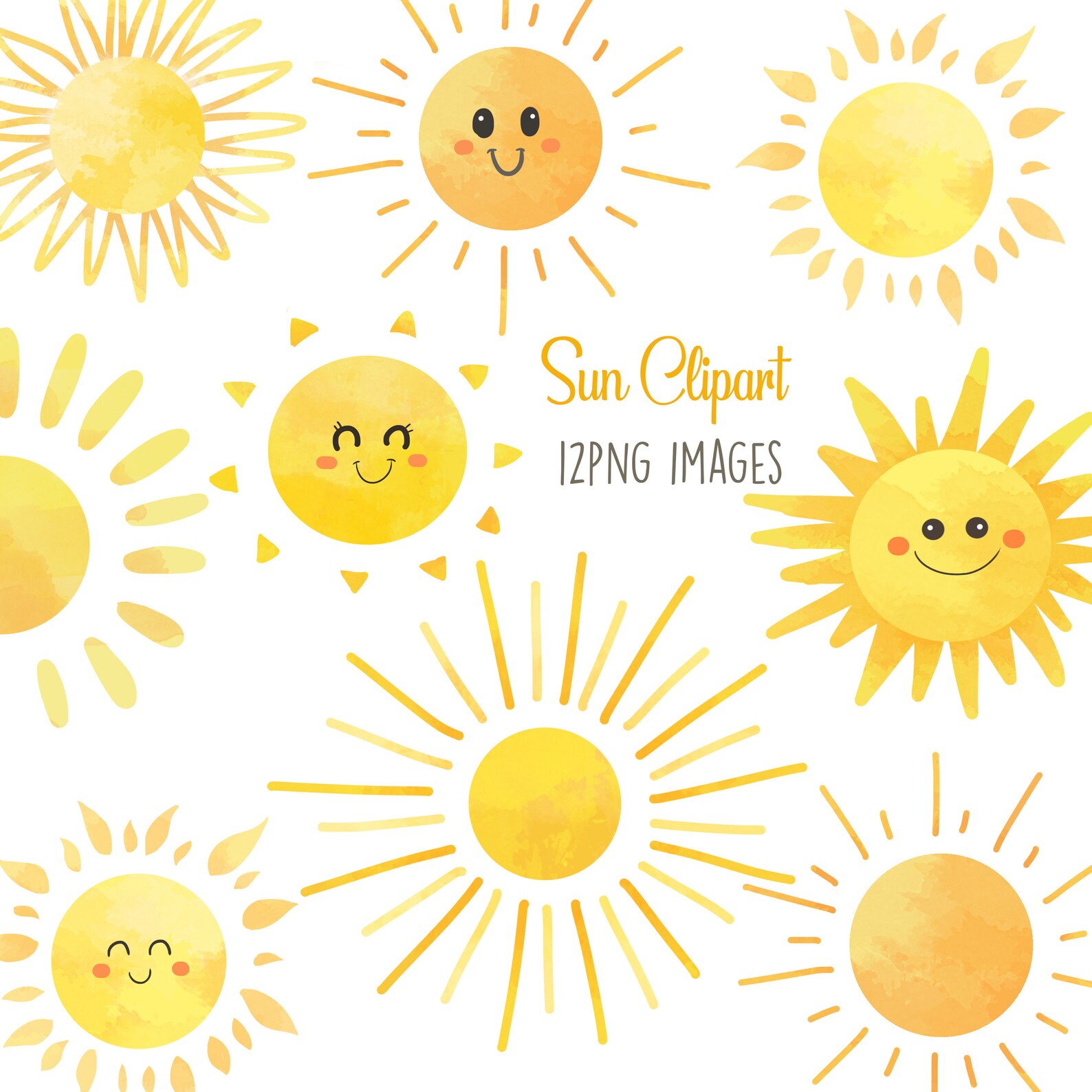 Sun Clipart Watercolor Sun Clipart Digital Sun Clipart - Etsy