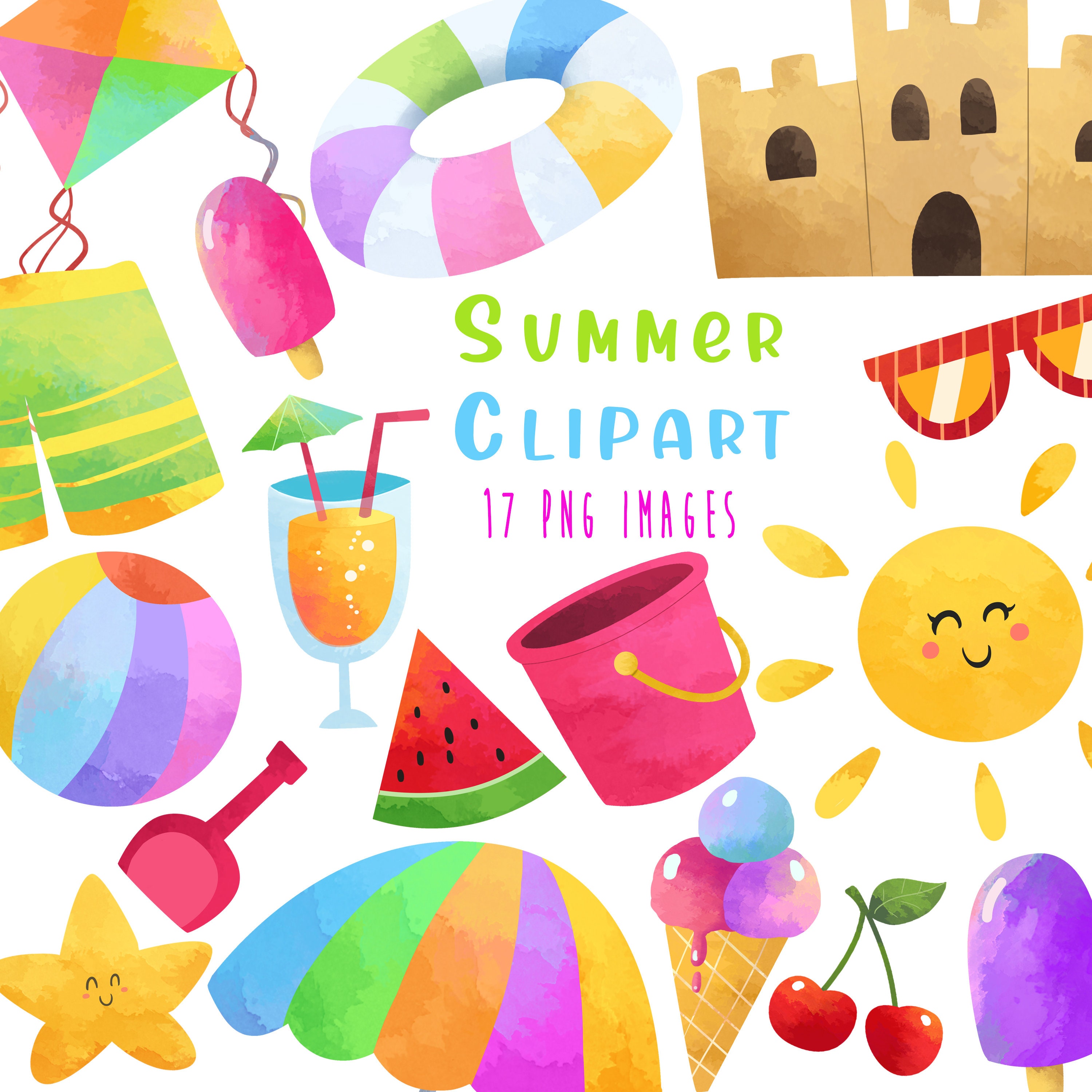 Summer Clipart, Watercolor Summer Clipart, Seasonal Clipart, Summer ...