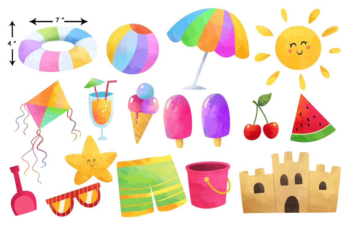 Summer Clipart, Watercolor Summer Clipart, Seasonal Clipart, Summer ...