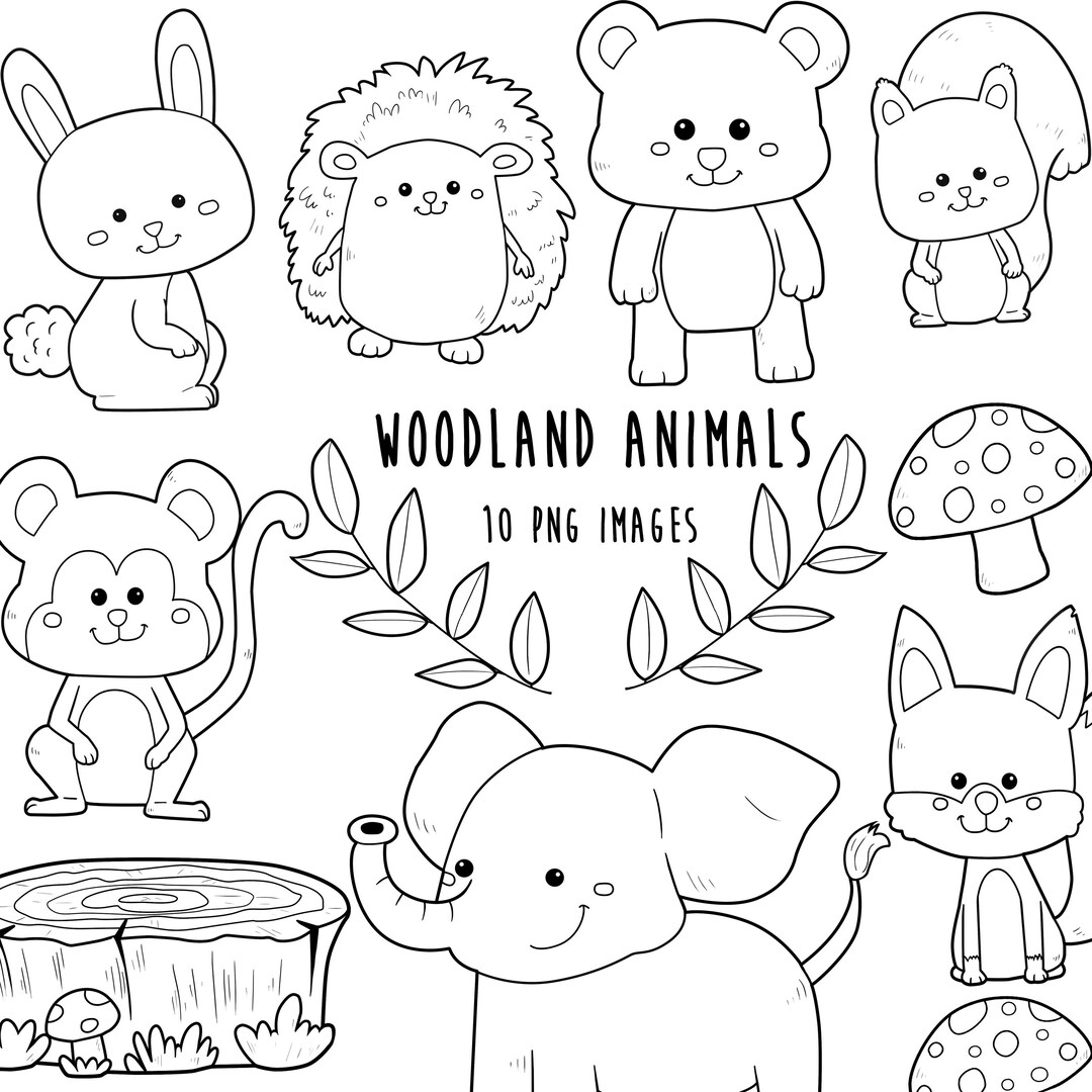 Woodland Animals, Woodland Animals Digital Stamp, Line Art Clipart, Fox ...