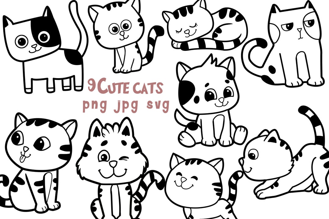 Cat Outline, Cute Cats Clipart, Cat Clipart, Kitty Cut File, Cat Bundle ...
