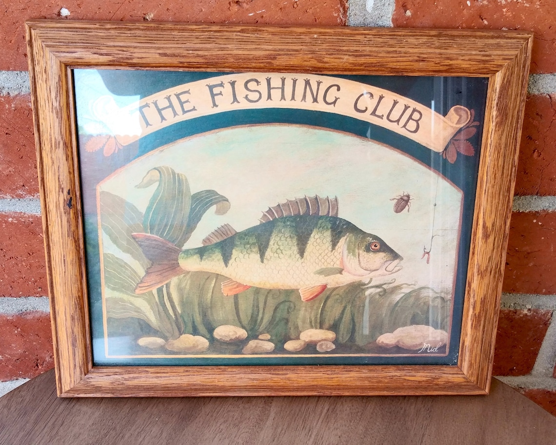 The Fishing Club Sign Print Wood Framed Vintage Retro Folk Art Fish ...