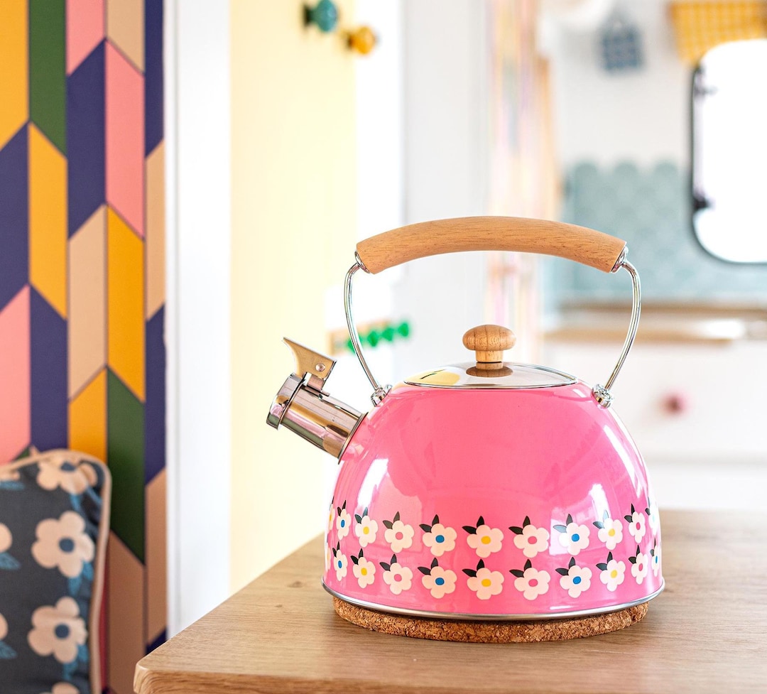Rose Pink Whistling Kettle: Stainless Steel Tea Pot With Floral Print - Etsy