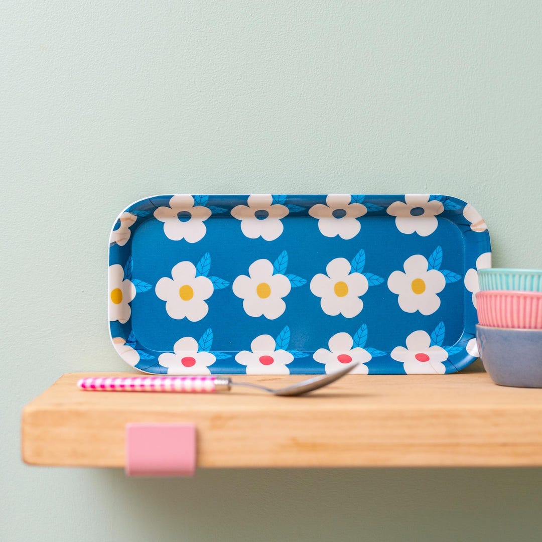 Cute Tray Retro Floral Print Navy Blue Rectangle Snack Decorative ...