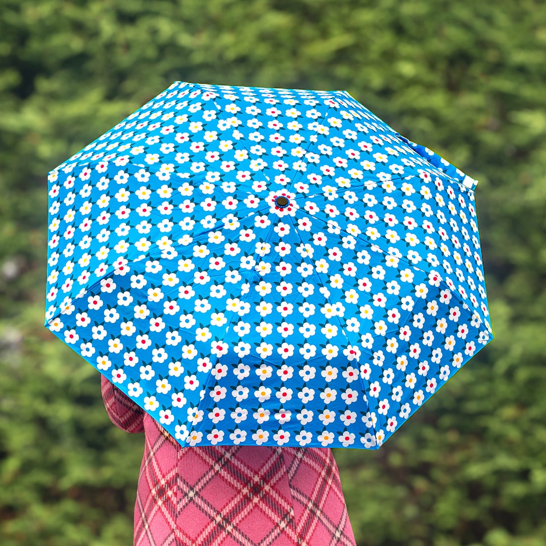 Retro Floral Design Sturdy Automatic Umbrella Ocean Blue Brolly ...