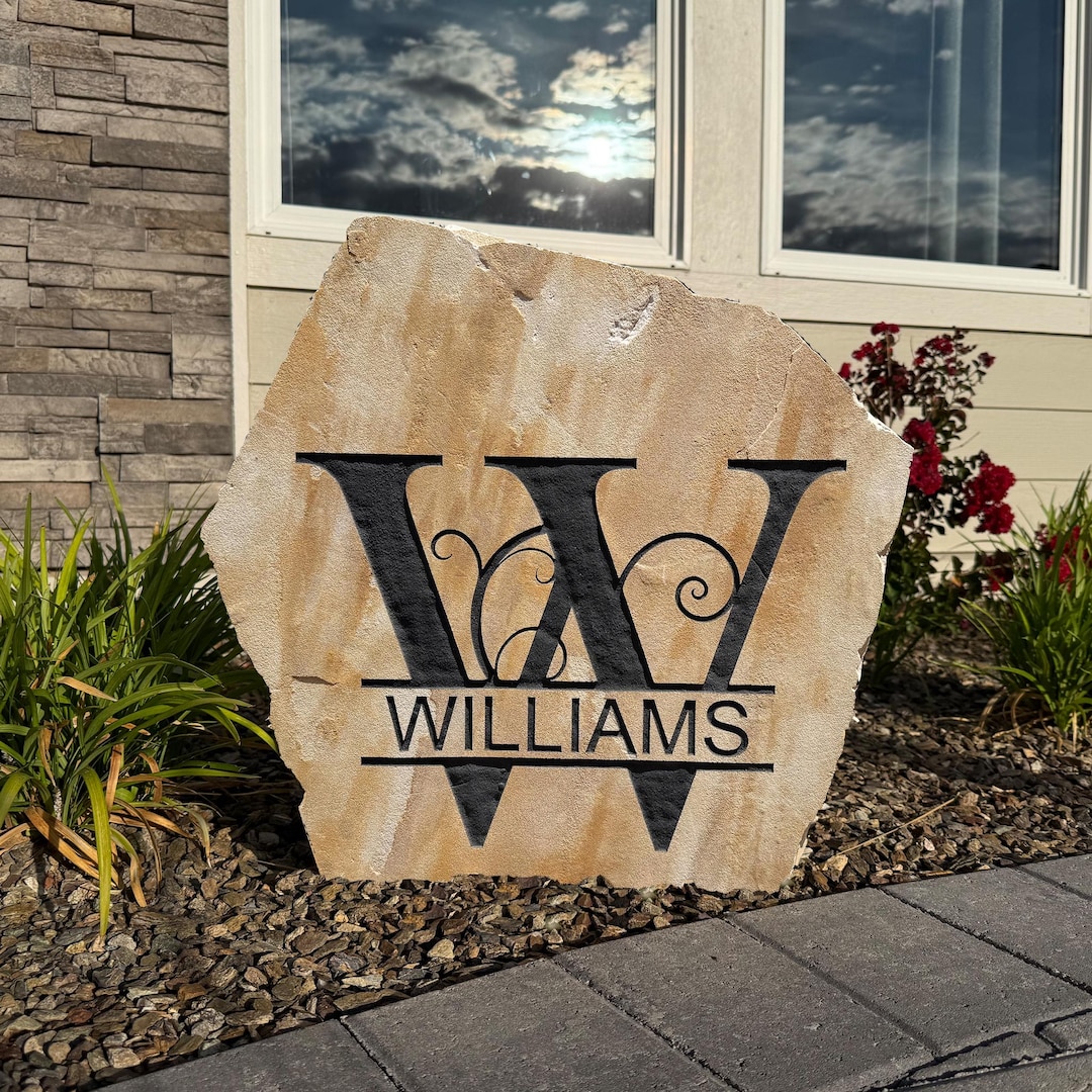 Elegant Monogram Natural Flagstone Address Marker | Hand-carved Stone ...
