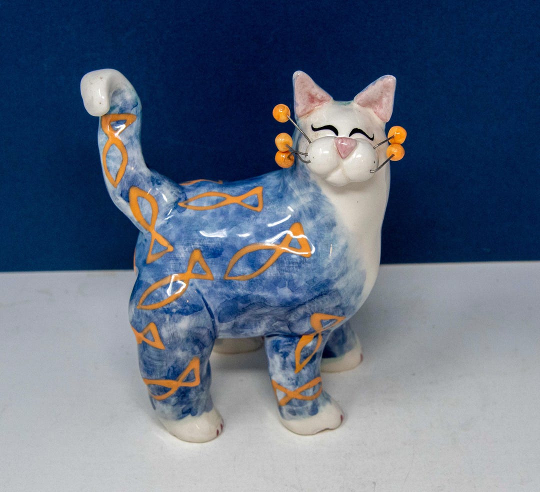 Vintage 2001 Annaco Creations Amy Lacombe Ceramic Cat With Fish Design ...