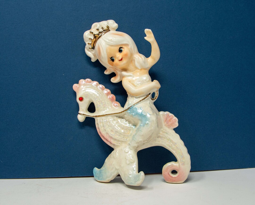 Vintage Lefton Ceramic Mermaid # 7080 Riding Iridescent Seahorse Wall ...