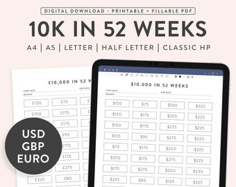 52 Weeks to 10K Minimal Printable Savings Challenge - Etsy