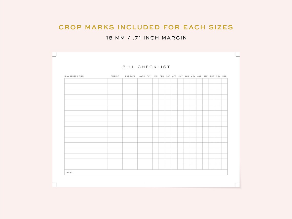 Printable Bill Checklist, Fillable Yearly Bill Checklist 5 Sizes, A4 ...