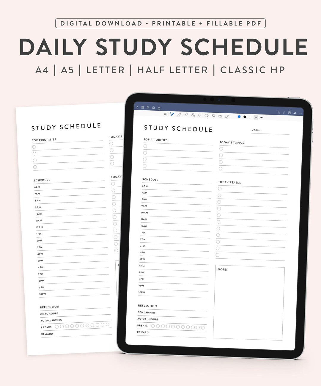 Printable Daily Study Schedule, Fillable | 6 AM - 10 PM Personal Daily ...