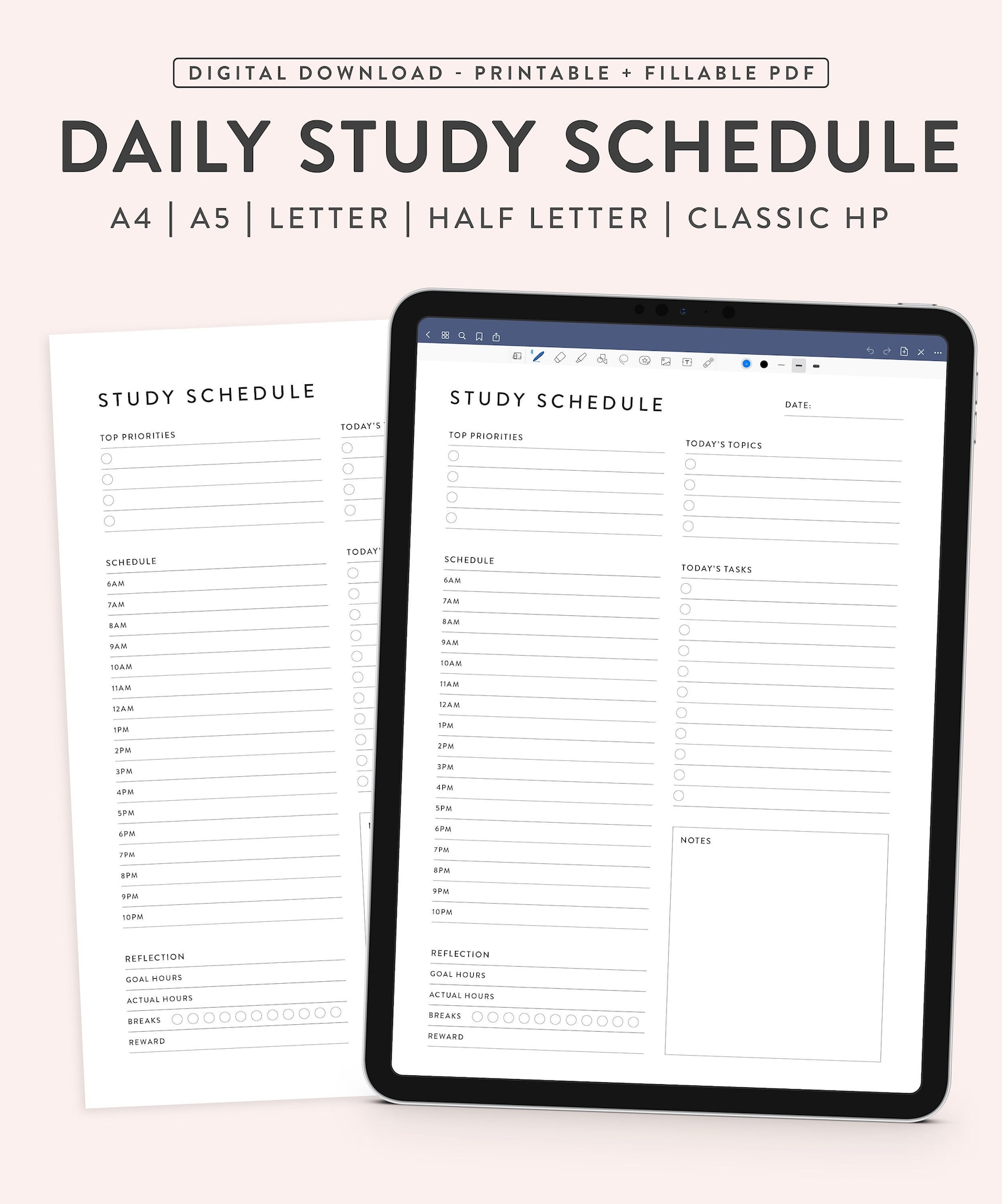 Printable Daily Study Schedule, Fillable | 6 AM - 10 PM Personal Daily ...