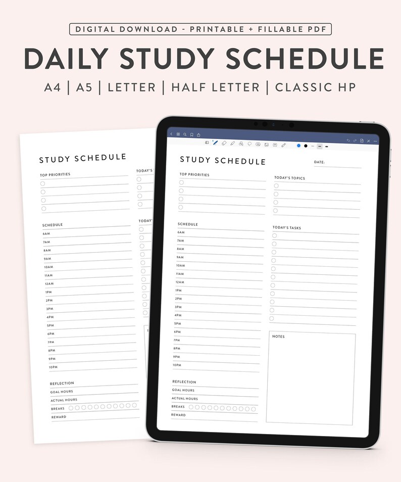 Printable Daily Study Schedule, Fillable | 6 AM - 10 PM Personal Daily ...